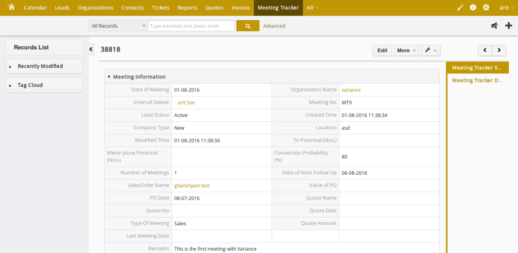 vTiger CRM Meeting Tracker | Meeting Tracker Module